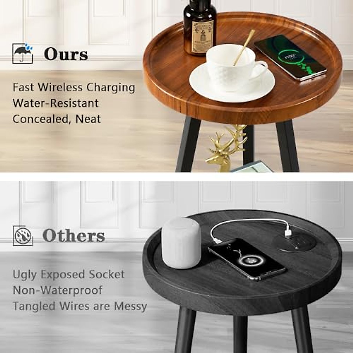 Hadulcet Small End Table with Charging Station, Small Side Table for Small Spaces, Small Nightstand Bedside Table, Small Round Side Tables Bedroom, Small Round End Tables Living Room, Small Table