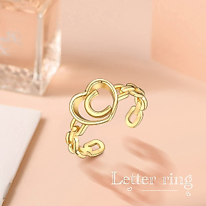 PEARLOVE 925 Sterling Silver Adjustable Initial Rings for Women Stackable 18K Gold Plated A-Z Letter Chain Link Rings