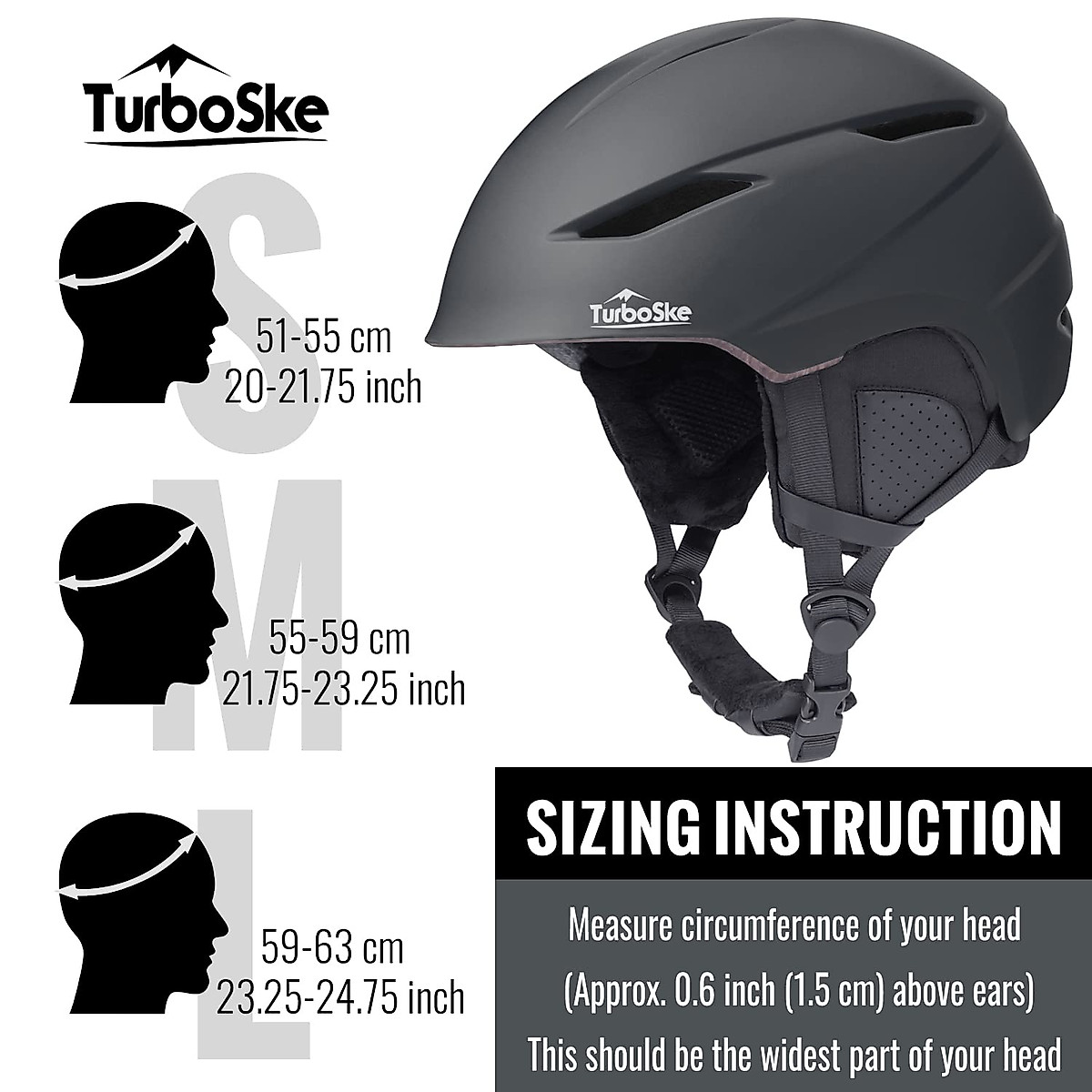TurboSke Ski Helmet, Snowboard Helmet Snow Sports Helmet, Audio Compatible Helmet for Men, Women and Youth (S, Black)