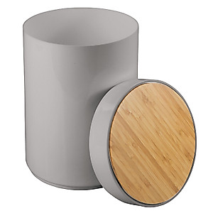 mDesign Plastic Round Trash Can Small Wastebasket - Garbage Bin Container with Swing-Close Lid - Bathroom Garbage Basket - Holds Waste, Recycling - 1.3 Gallon - Basa Collection - Gray/Natural