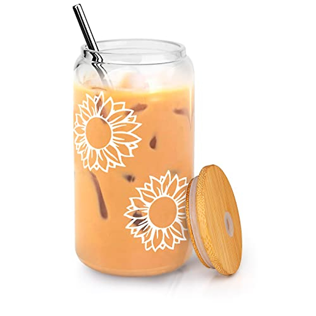 Sunflower Gifts for Women - Sunflower Cup with Bamboo Lids and Straw, Cute Sunflower Cups, Beer Can Shaped Drinking Glass Cup, Inspirational Sunshine Birthday Christmas Gifts for Mom - 16 oz Can Glass