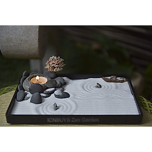 ICNBUYS Handmade Zen Garden Pebbles Candle Holder Set with Zen Garden Tools, Sand, Base Tray and Free Accessories