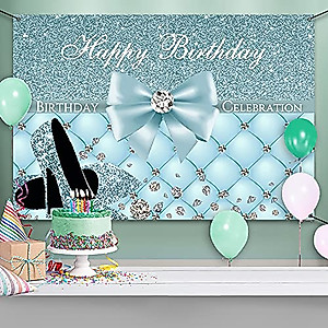 AWERT Polyester 6x3.6ft Happy Birthday Banner Glitter High Heels Diamonds Bowknot Blue Gold Sign Poster for Birthday Backdrop for Women Girls Birthday Party Decorations Banner