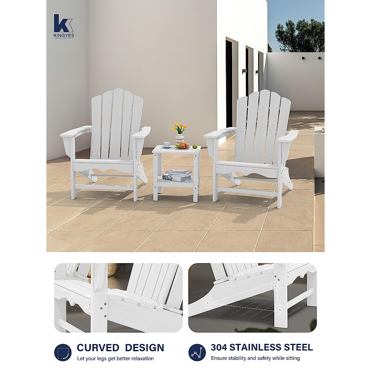 KINGYES HDPE Adirondack Chair, Classic All-Weather Outdoor Patio Adirondack Chair, White