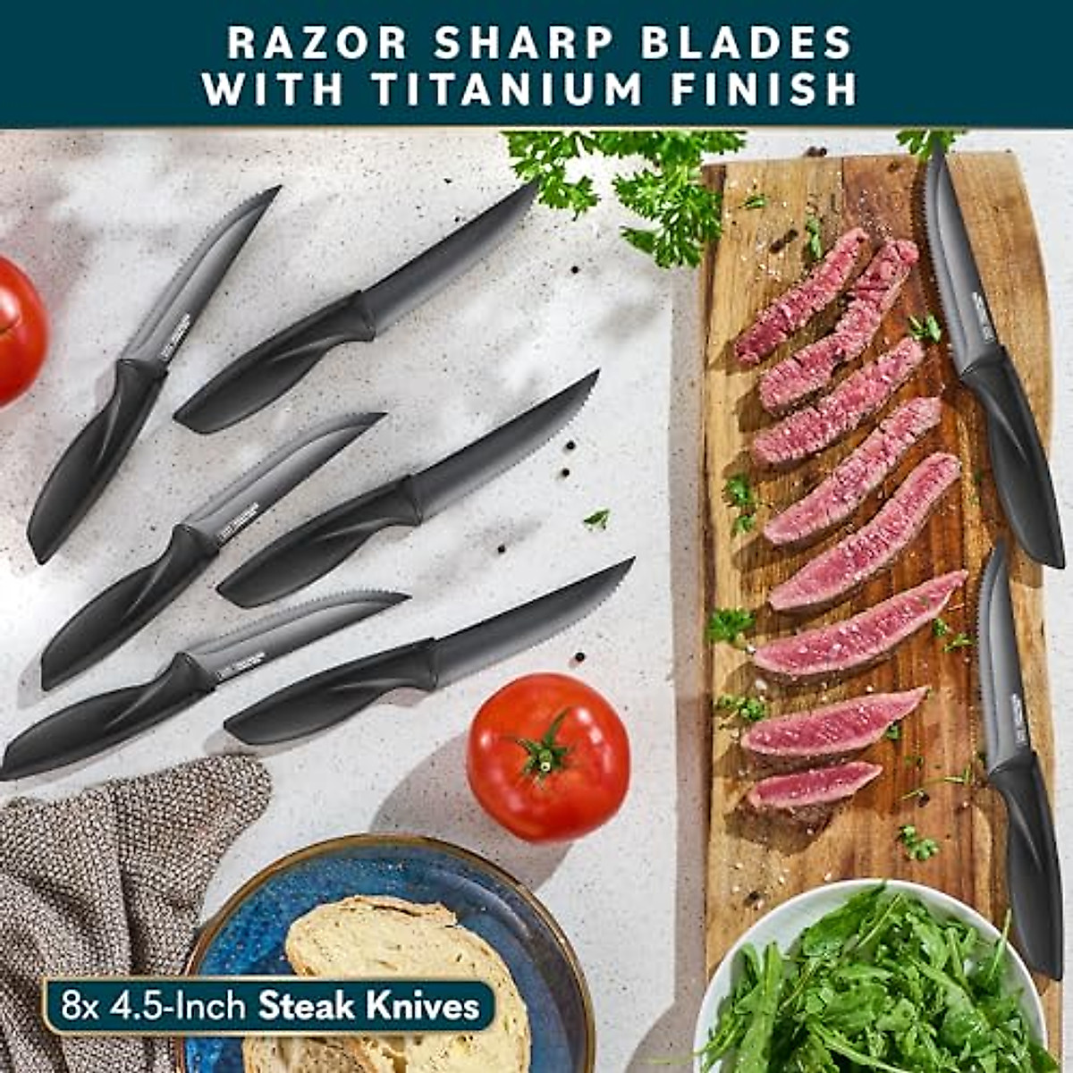 Home Hero Kitchen Knife Set with Sharpener - High Carbon Stainless Steel Knife Block Set with Ergonomic Handles (16 Pcs - Dark Wood)