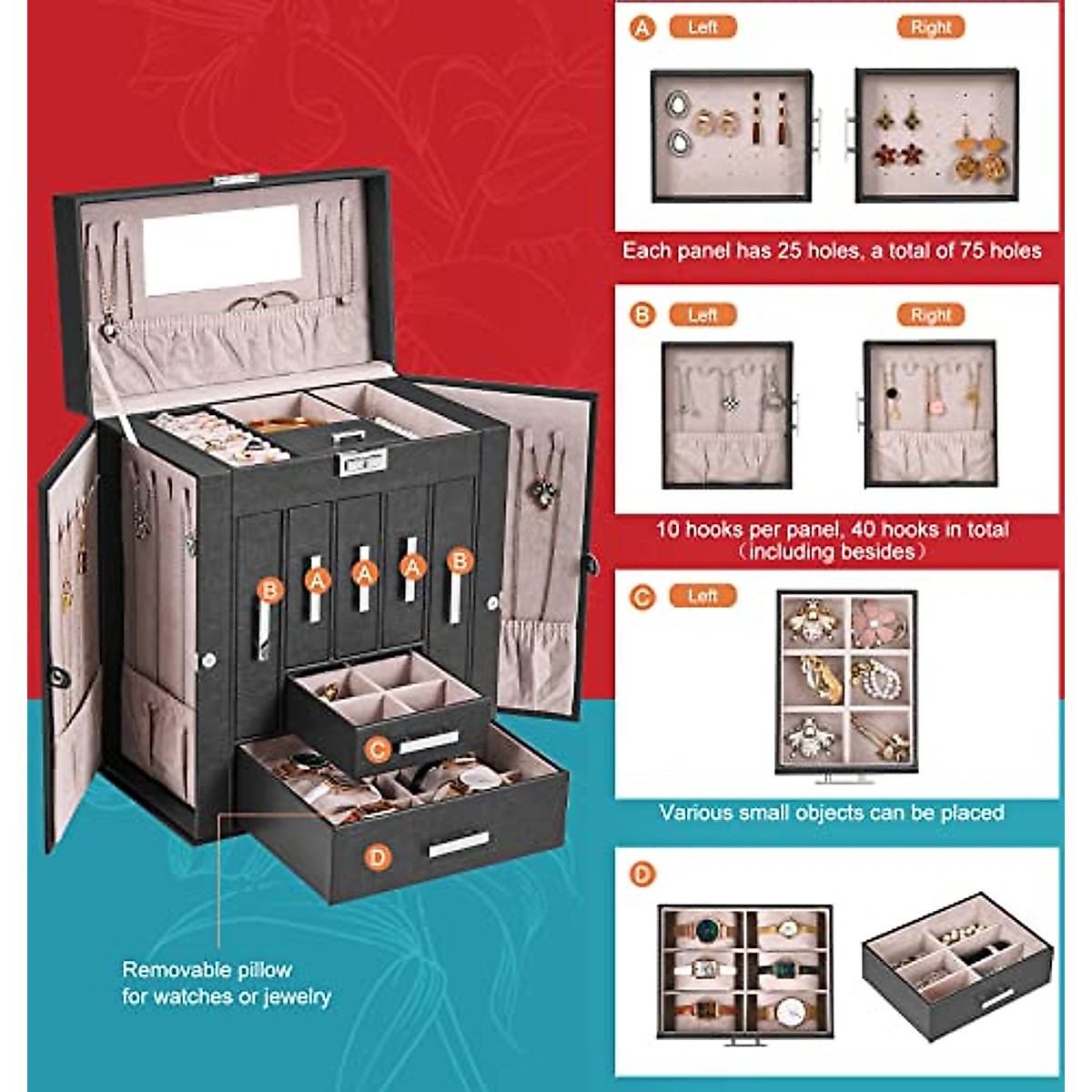 ANWBROAD Large Jewelry Organizer Boxes Jewelry Storage Box for Necklace Eardrop Watch Ring Jewelry Storage Case PU Leather Jewelry Holder with Lock Mirror Jewelry Boxes for Women UJJB019B