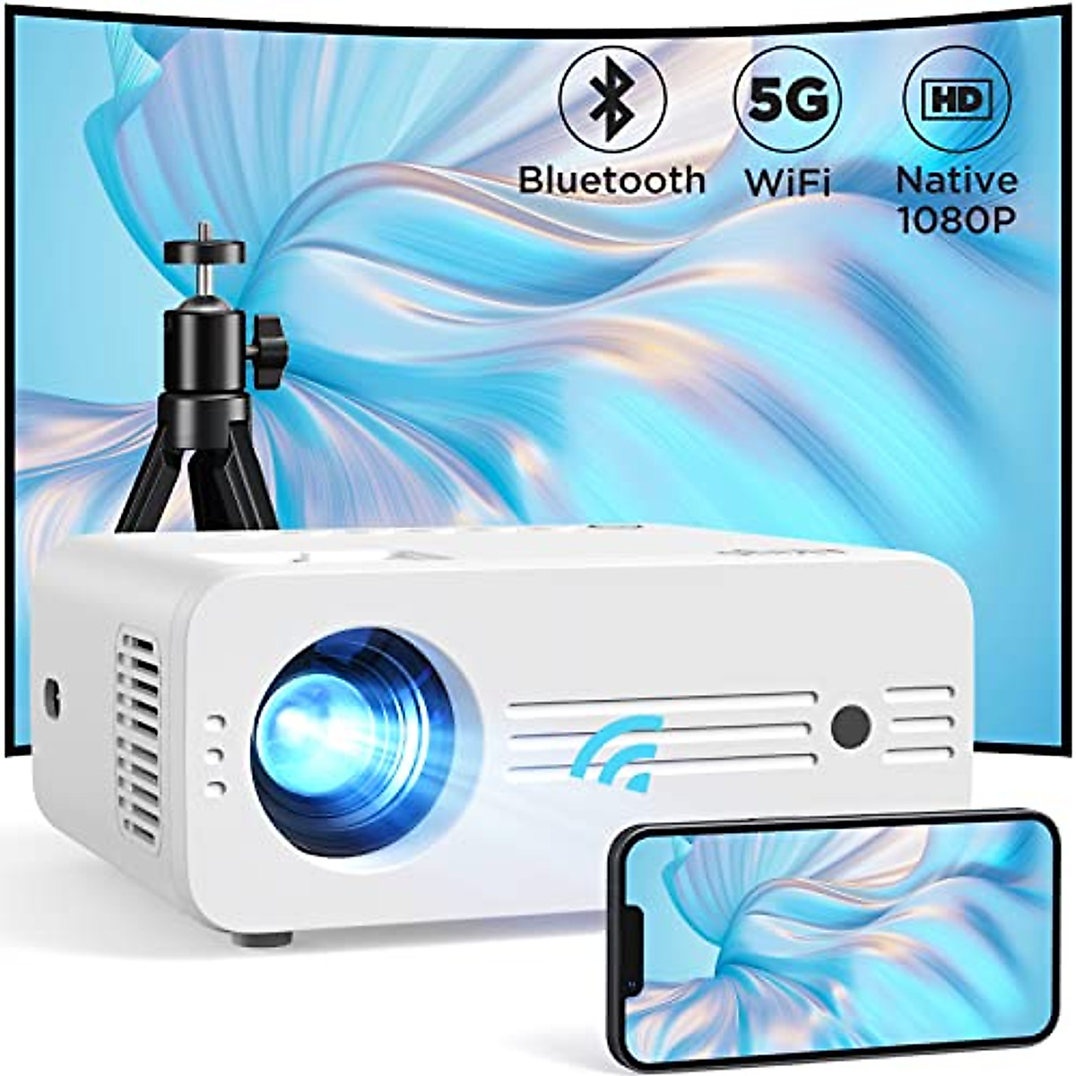 Native 1080P WiFi Projector, AKIYO 300'' Max Phone Projector Support iOS & Android, Portable Mini Movie Projector for Home and Outdoor, Support HDMI, USB, TV Stick, DVD, PS5, Carrying Case Included