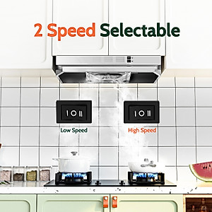 FIREGAS 24 inch Range Hood Under Cabinet, 300CFM Ducted/Ductless Convertible Kithen Hood in Stainless Steel with 2 watt LED Light and Filter, 2 fan speeds, hassle-free installation