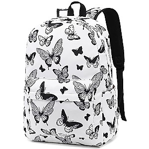 School Backpack Teen Girls Lightweight College Waterproof School Laptop Casual Backpack (Black Butterfly)
