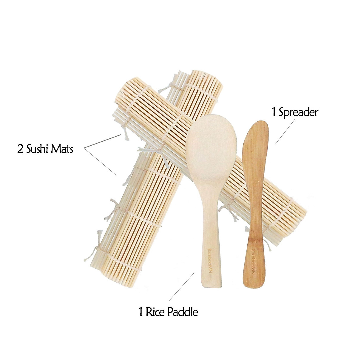 BambooMN Sushi Making Kit, 2x Natural Bamboo Sushi Mat, Paddle, Spreader | 100% Bamboo Sushi Rolling Mat Set