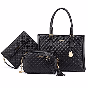 LOVEVOOK Purses for Women, Quilted Womens Handbags and Purses Set with Vegan Leather, Fashion Tote Purse with Top Handle, Satchel Shoulder Bag with Top Zipper, 3pcs, Black