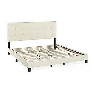 Furinno Laval Button Tufted Upholstered Platform Bed Frame, King, Linen