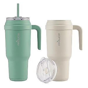 REDUCE 50 oz Mug Tumbler with Handle & Straw - Stainless Steel with Sip-It-Your-Way Lid - Keeps Water Cold up to 50 Hours - SweatProof, Dishwasher Safe, BPA Free - 2 Pack, Green / Beige