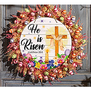 SICOHOME He is Risen Door Sign 11.5" Farmhouse Easter Cross Wreath Sign for Front Door Religious Easter Door Hanger Sign for Home Wall Farmhouse Porch Indoor Outdoor Spring Decor Supplies