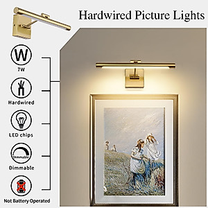 Joosenhouse LED Picture Light Fixtures Dimmable 16.53" Inch Modern Metal Artwork Hallway Lamps with Single Swing Arm, 7W (50W Eqv.), Hardwired Connection, Warm White, CRI80+, Golden-Like Brass Finish