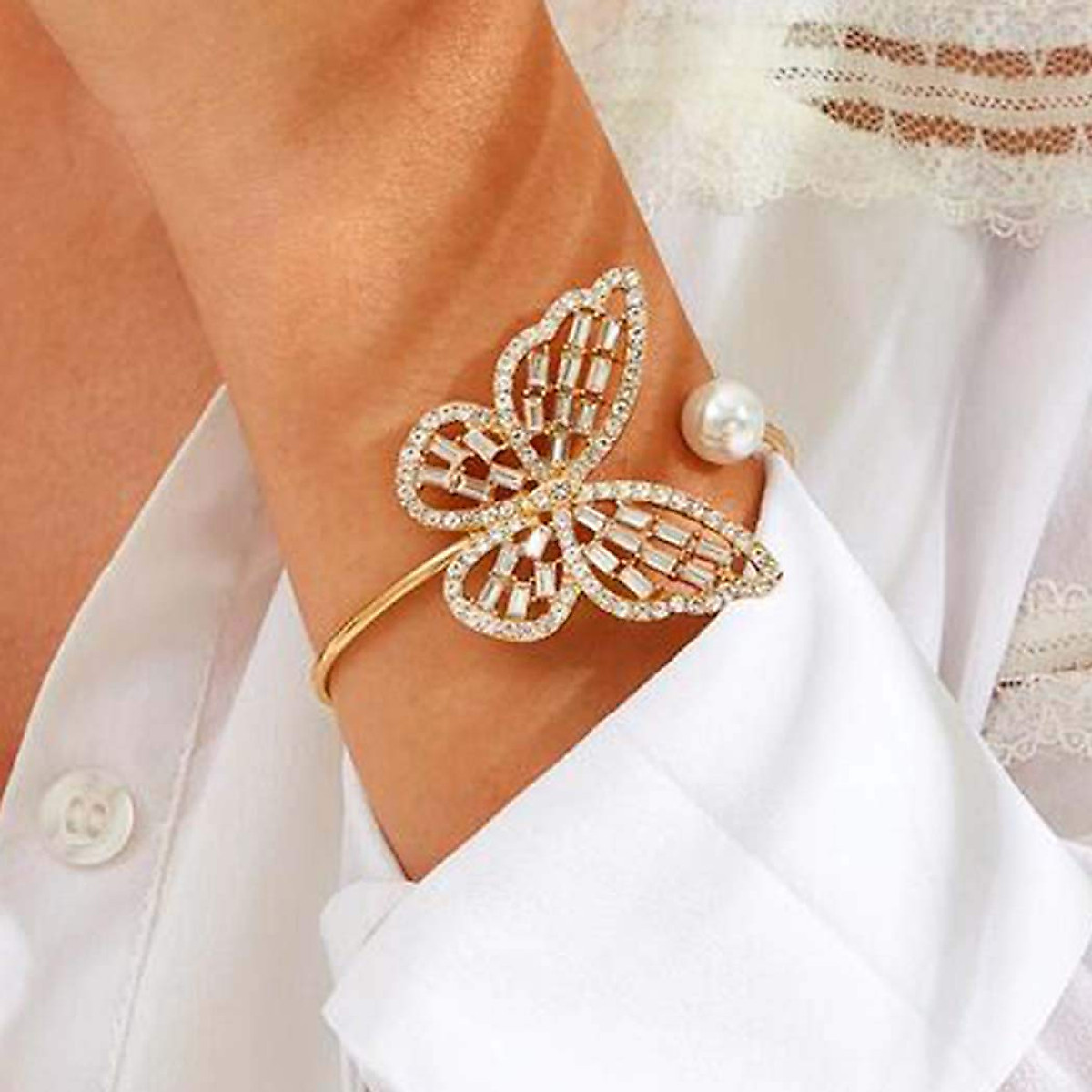 ELABEST Glitter Crystal Bracelet Rhinestone Bracelet Gold Dainty Hollow Bangle Wedding Bridal Bridesmaid Bracelet Jewelry for Women (White Butterfly)
