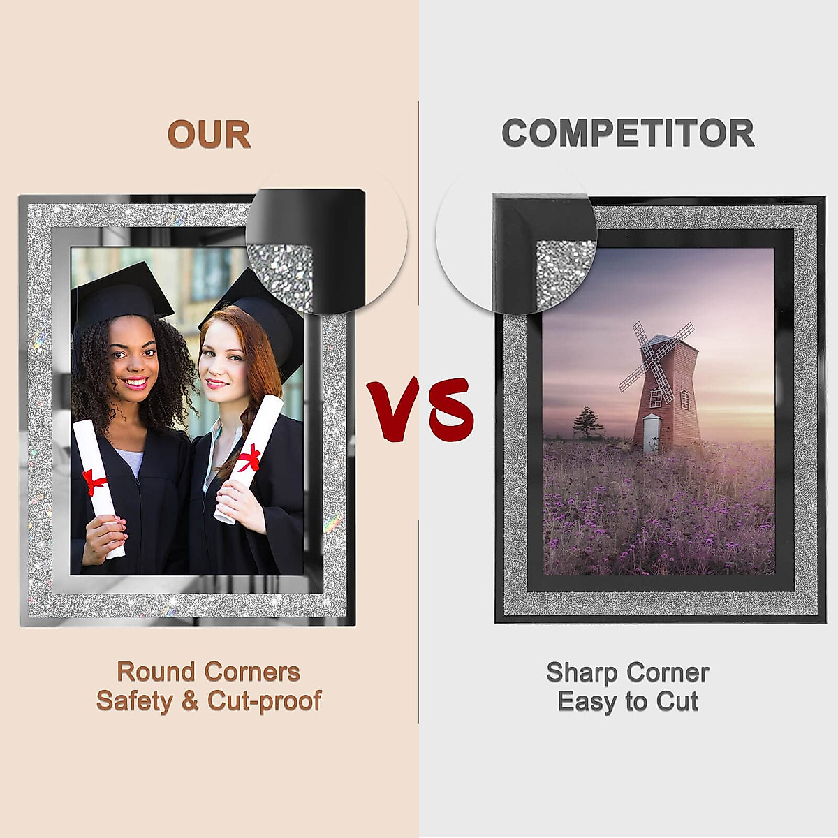 IZIDDO 8x10 Picture Frames Set of 2, Glitter Photo Frame for Tabletop, Silver Glass Picture Frame, Graduation Gifts for Her, Horizontally or Vertically