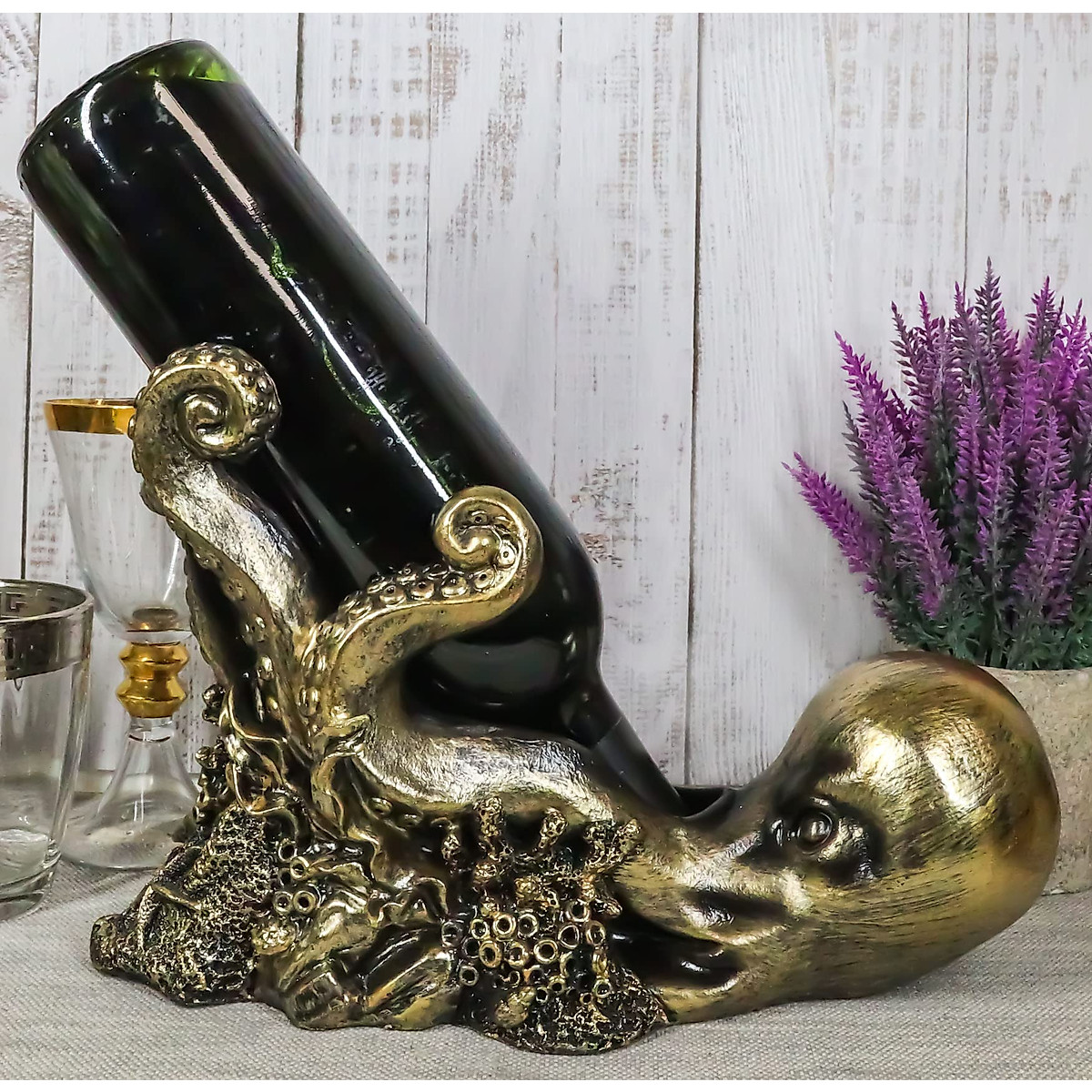 Ebros Gift Ocean's Misty Refreshment Large Nautical Marine Drinking Giant Sea Octopus Kraken Wine Bottle Holder Rack Sculpture Cthulhu Cephalopod Tentacles Monster Decorative Figurine