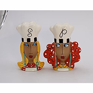 Fine Ceramic Dollymamas African American Black Fashion Chef Lady Salt & Pepper Shakers Set, 4-3/8" H