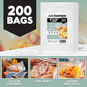 Avid Armor - Vacuum Sealer Bags, Vac Seal Bags for Food Storage, Meal Saver Freezer Vacuum Sealer Bags, Quart Size Sous Vide Bags Vacuum Sealer, Non-BPA, 8 x 12 inches, Pack of 200