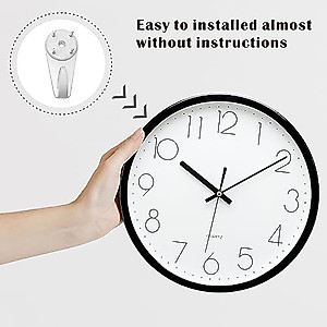 Plumeet Black Wall Clock Non Ticking Silent Quartz Round Clock Decorate Bedroom Home Kitchen Office - Battery Operated (White)