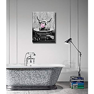 KALAWA Highland Cow Bathroom Pictures Wall Decor Funny Black and White Bathroom Decor Wall Art Pink Bubble Canvas Wall Art Home Decor for Bathroom Bedroom Framed Ready to Hang 12x16 Inch