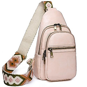 Osunnus Sling Bag for Women Crossbody Purses Trendy PU Leather Small Sling Backpack Chest Bag for Women with Wide Guitar Strap, Pink
