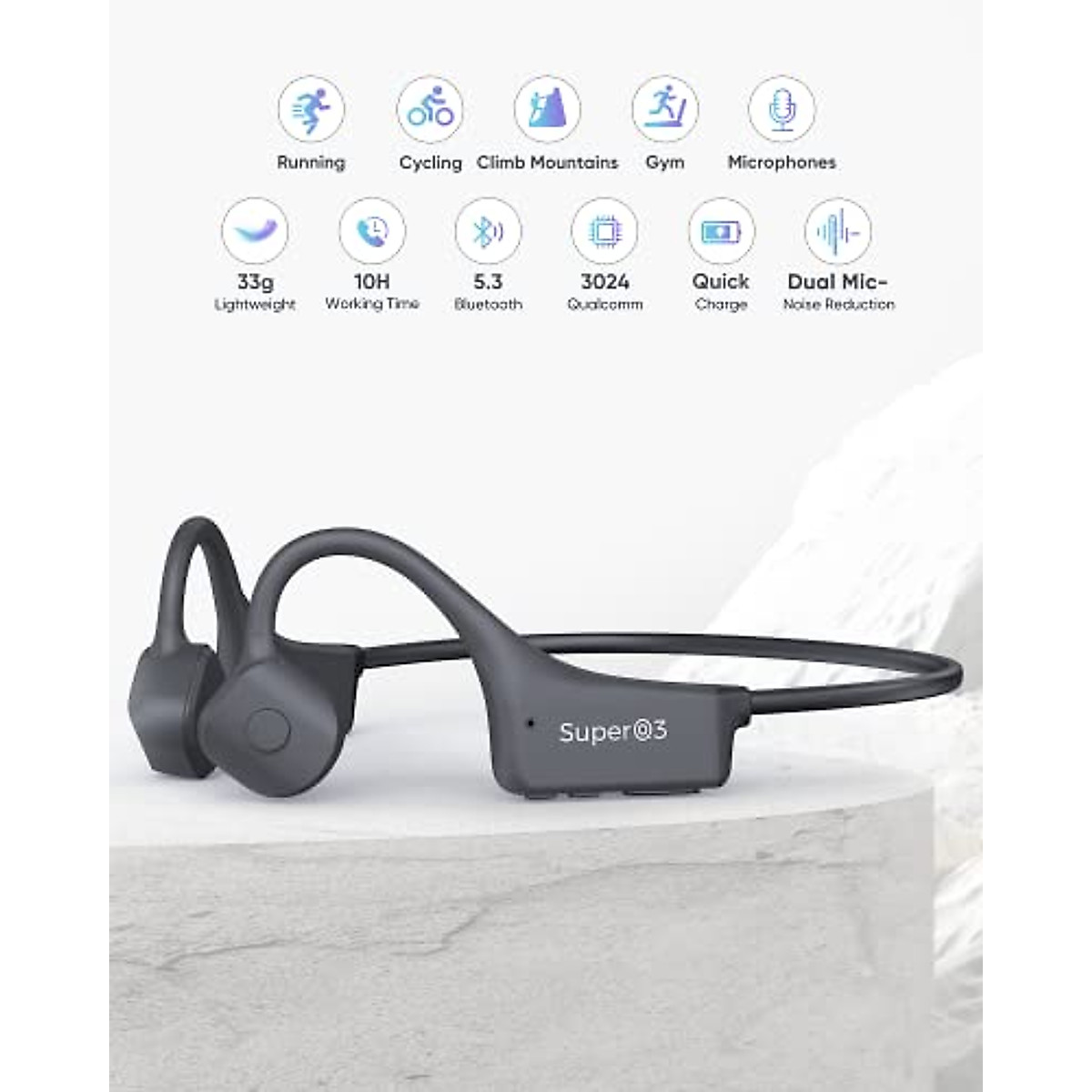 SAMVEK Bone Conduction Bluetooth Headphones with Mic, Qualcomm 3024 Chip, IP68 Waterproof Open Ear Headphones, Wireless Sweatproof Earbuds, Sport Headset for Running, Cycling, Workouts and Gym