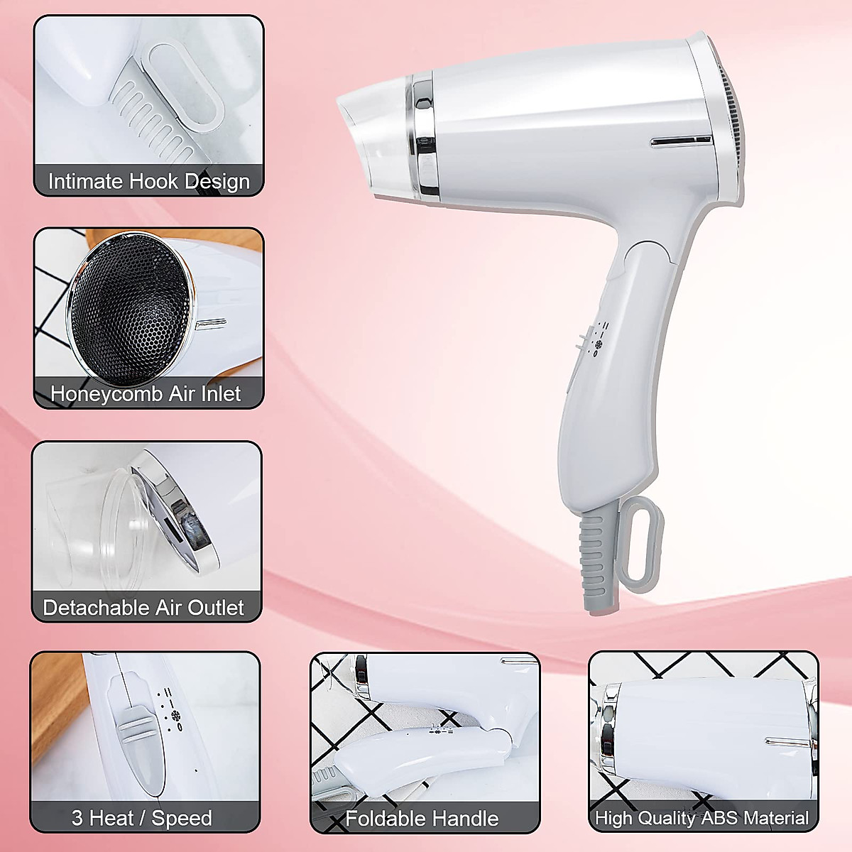 Travel Hair Dryer Folding Hair Blow Dryer Compact Travel Blow Dryer Portabel Small Hair Dryer 3 Heat Settings Lightweight Mini 8x7inch Low Noise (White)