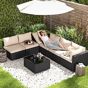 RYNSTO 7 Piece Patio Furniture Set with Adjustable Bracket Brown Rattan Wicker Patio Conversation Sets Sectional Sofa Set with Table and Cushions for Porch Lawn Garden, Beige