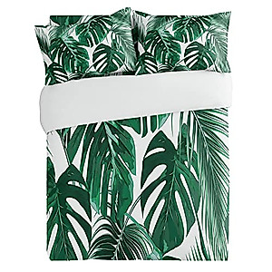 Segard Duvet Cover Set 3 Pieces Queen Bedding Sets Jungle Green Leaves White Soft Luxury Comforter Cover with Pillowcases Microfiber Bedroom Quilt Covers-Zipper Closure Watercolor Palm Tree Leaf