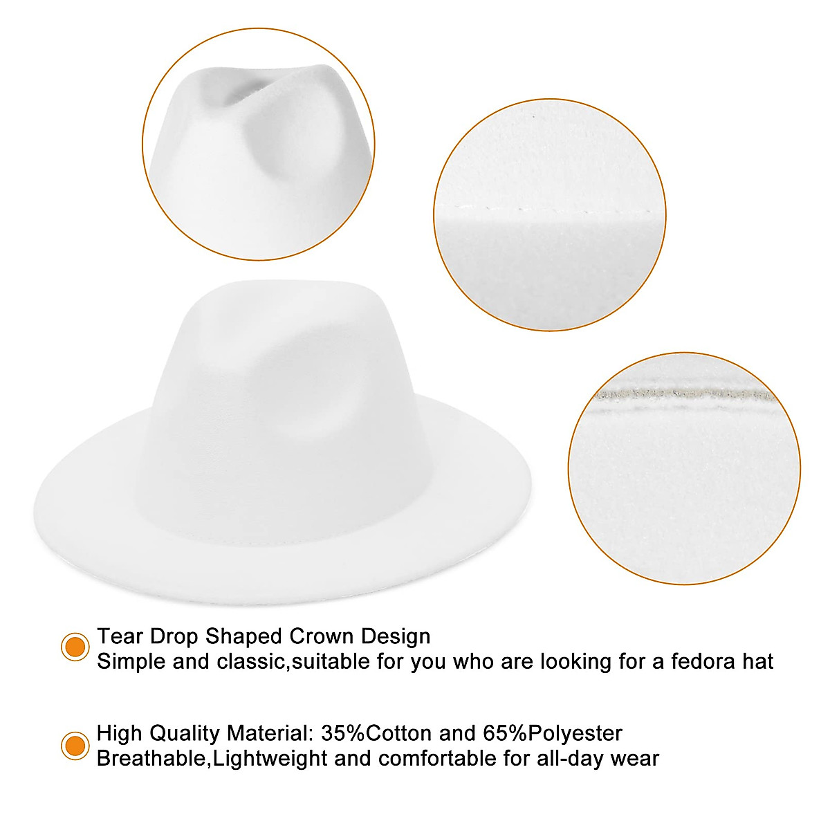 GEMVIE Mens Womens Wool Fedora Panama Hats Wide Flat Brim Trilby Felt Hat Party Gentleman Hat White L=US 7 1/2