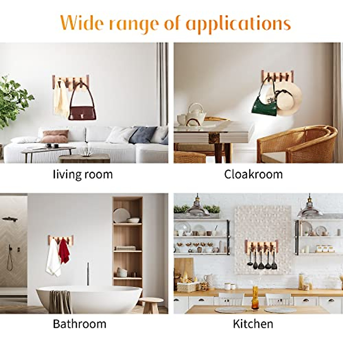 2 Pcs Wood Coat Piano Hooks with 4 Flip Down Hooks Decorative Wooden Wall Mounted Rack Hooks Handmade Natural Walnut Wood and Beech Artwork Coat Hangers Multi Rack for Towel Hat Key Scarfs Purses Bag