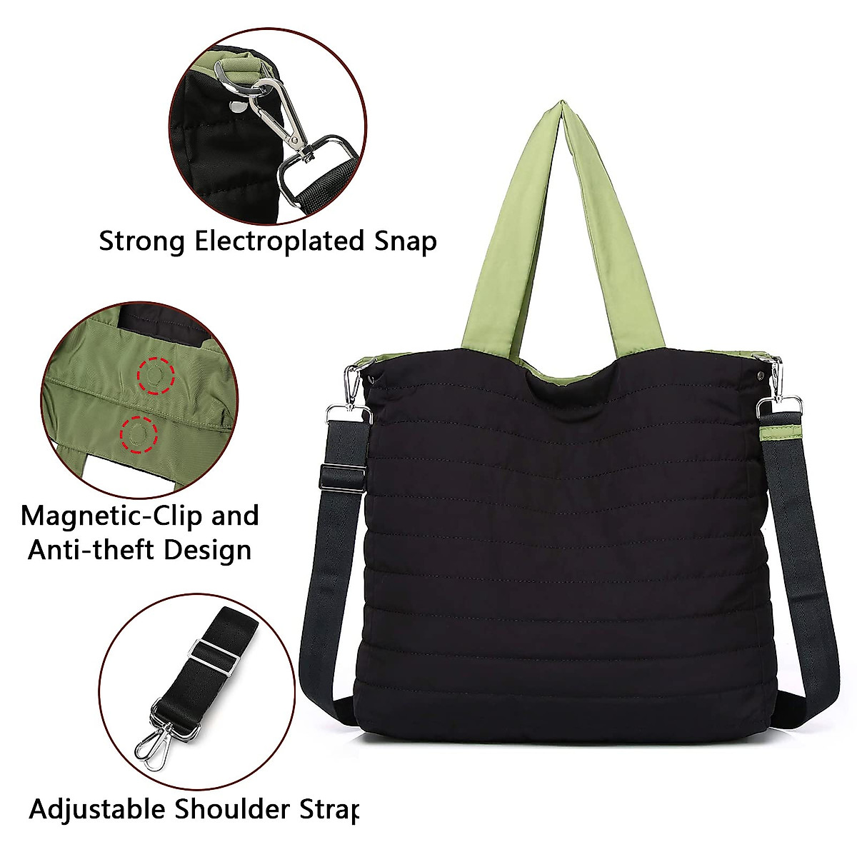 Hsitandy Tote Bag for Women, Crossbody Bags Purses for Women Crossbody Bag Quilted Tote Shoulder Bag Fashion Travel Handbag with Zipper Large Black/Viridity