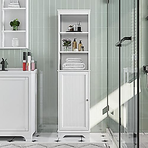 Yaheetech Bathroom Cabinet, Storage Cabinet with 3 Open Shelves & Single Door, Floor Freestanding Tall Linen Cabinet, Narrow Corner Organizer for Bathroom, Living Room, White