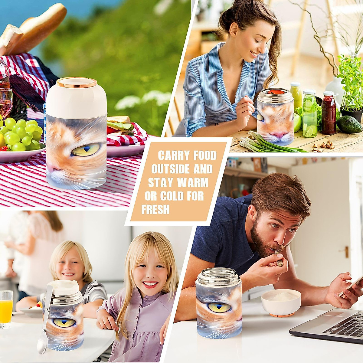 CUPADA Pretty Kitten Cute Food Jar, Lovely Cats Pets Insulated Hot Food Jars Vacuum 17OZ with Folding Spoon for Work Trip Picnic Camping