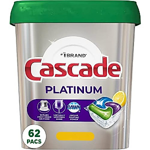Cascade Platinum Dishwasher Pods, Dishwasher Detergent, Dishwasher Pod, Dishwasher Soap Pod, Actionpacs Dish Washing Pod, Lemon, 62 Count Dishwasher Detergent Pods