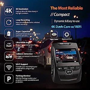 REXING V1 - 4K Ultra HD Car Dash Cam 2.4" LCD Screen, Wi-Fi, 170° Wide Angle Dashboard Camera Recorder with G-Sensor, WDR, Loop Recording, Supercapacitor, Mobile App, 256GB Supported