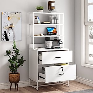 Jehiatek File Cabinets for Home Office with Lock 2 Drawer, Large Vertical Filing Cabinet with Bookshelf, Sturdy, Durable, Easy to Assemble and Clean (White), 25.59'D x 15.75'W x 62'H