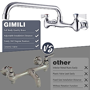 GIMILI Wall Mount Commercial Sink Faucet with 12” Swivel Spout Polish Chrome Brass Utility Sink Faucet for Kitchen Laundry Restaurant Industrial Compartment Sink（Include 90 Degree Adapters）