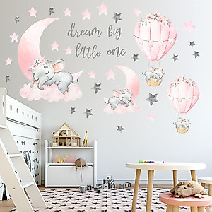Dream Big Little One Elephant Wall Decals, Peel and Stick Wall Sticker Pink Moon Hot Air Balloon Grey Stars Nursery Decor, Home Kitchen Room Decorations Boy Girl Kids Bedroom Art Party Supplies