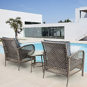 FYRICKYLINOO 3 Pieces Patio Conversation Set Outdoor Patio Furniture Sets All Weather PE Rattan Wicker Porch Sofa Single Chairs with 2 PCS Pillows & Coffee Table for Garden Backyard（Grey Cushions