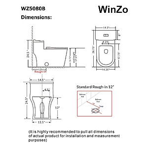 WinZo WZ5080B Modern One Piece Toilet Dual Flush 1.28 GPF Comfortable Elongated Taller Bowl Height 12” Rough-in, Matte Black