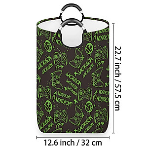 Personalized Laundry Basket with Handles, Custom Laundry Hamper with Name for Bathroom, Dirty Clothes Storage Basket Gifts for Men Women Boys Girls - Green Video Games