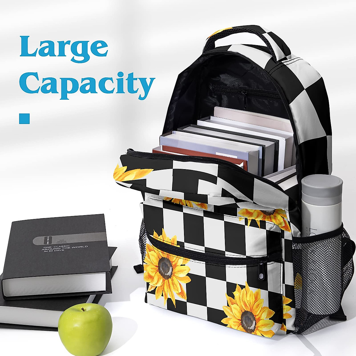 Dacawin Sunflower Floral Backpack Flower School Backpacks Durable Casual Black And White Check Plaid School Bookbag Daypack for Women Girls Kids