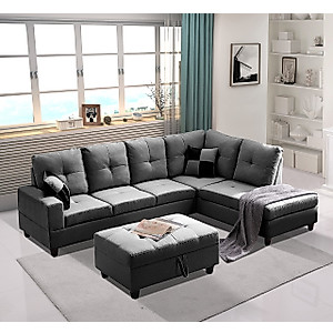 OPTOUGH Modern Fabric Sectional Sofa with Storage Ottoman and Right Chaise Lounge,Living Room Furniture Set L-Shape Couches w/ 2 Pillows, Gray