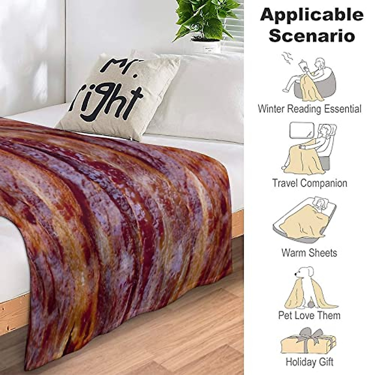 3D Funny Realistic Food Fried Bacon Flannel Fleece Throw Blankets 50"X40" Soft Cozy Fluffy Winter Fall Blanket Cozy Soft Fuzzy Plush Home Decor for Couch Bed Sofa Living Room Bedroom