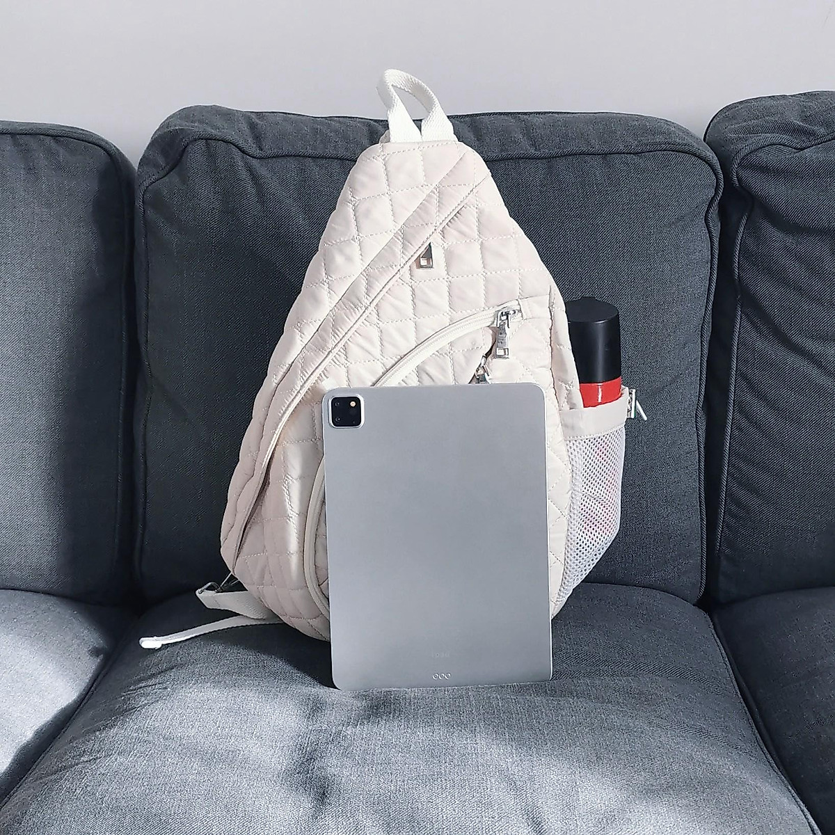 Light Beige Quilted Nylon Sling Bag for Women, Big Unisex Lightweight Everyday White Crossbody Travel Backpack with Hidden Pockets and Bottle Holder