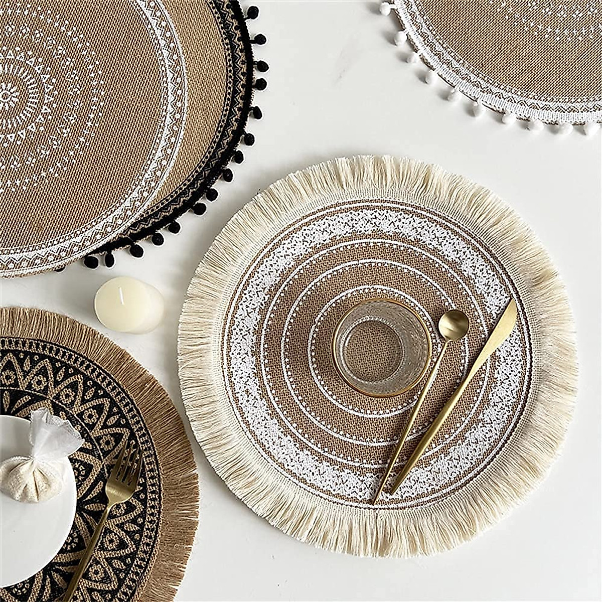 Boho Print Round Placemat Set of 4 - Farmhouse Jute Table Mats with Pompom Tassel 15 Inch Place Mat for Dining Room Kitchen Table Decor (Set F2)