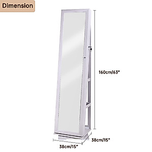 Wellynap Mirror Jewelry Cabinet, 360° Rotatable Full Length Mirror Stand, Lockable Jewelry Organizer Armoire with Back Storage Shelves for Bedroom, Cloakroom, White